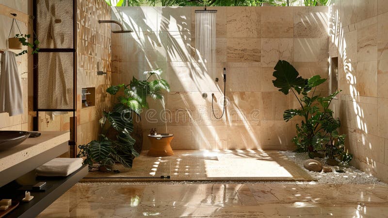 Bathroom Shower Room, Mixed Shower, Sun Rays and Monstera Stock ...