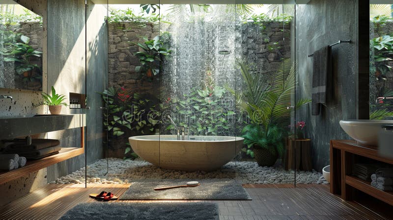 Bathroom Shower Room, Mixed Shower, Sun Rays and Monstera Stock ...