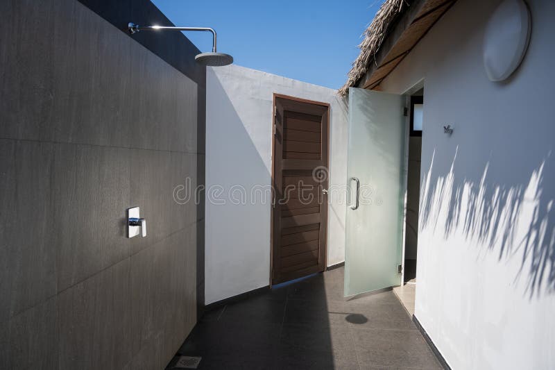 Bathroom with Shower Under the Open Sky Stock Image - Image of modern ...