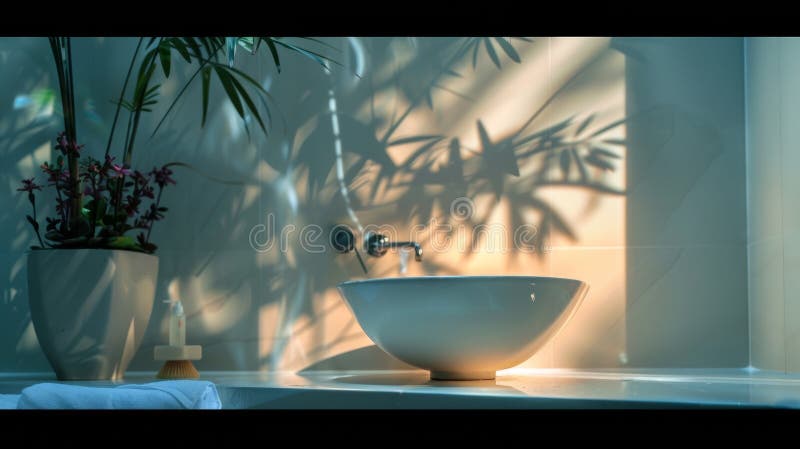 Bathroom Sink with Plants Casting Shadows in Soft Lighting Stock Photo ...