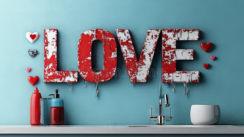 A Bathroom Sink with a Red Love Sign on the Wall Stock Image - Image of ...