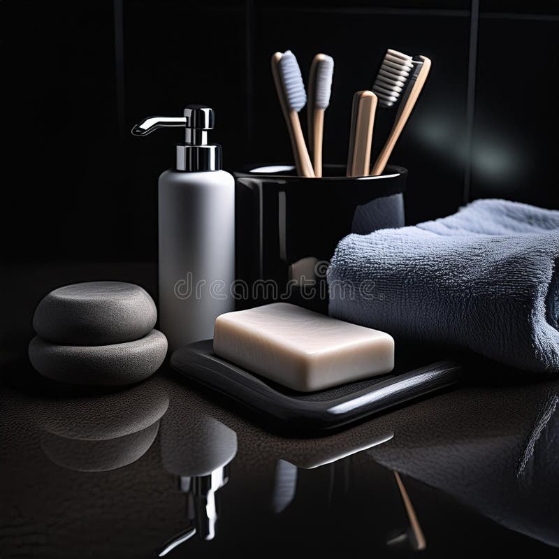 A Bathroom Sink with a Toothbrush, Toothpaste, Soap, and a Towel Stock ...