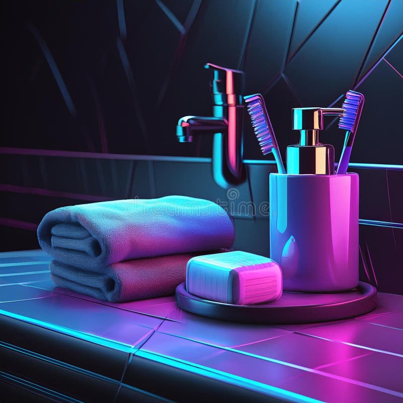 A Bathroom Sink with a Toothbrush, Toothpaste, Soap, and a Towel Stock ...