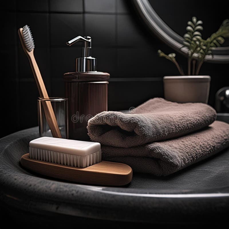 A Bathroom Sink with a Toothbrush, Toothpaste, Soap, and a Towel Stock ...