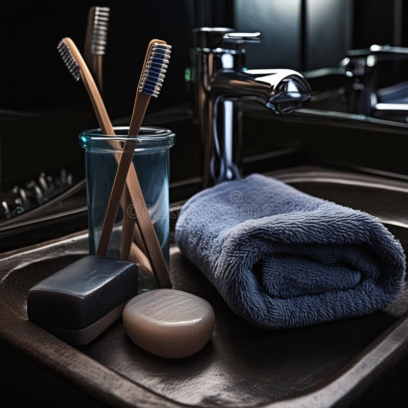 A Bathroom Sink with a Toothbrush, Toothpaste, Soap, and a Towel Stock ...