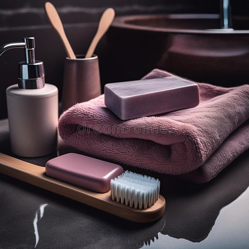 A Bathroom Sink with a Toothbrush, Toothpaste, Soap, and a Towel Stock ...