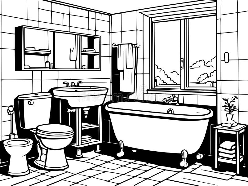 Bathroom Sketch with Black and White Illustration Stock Illustration ...