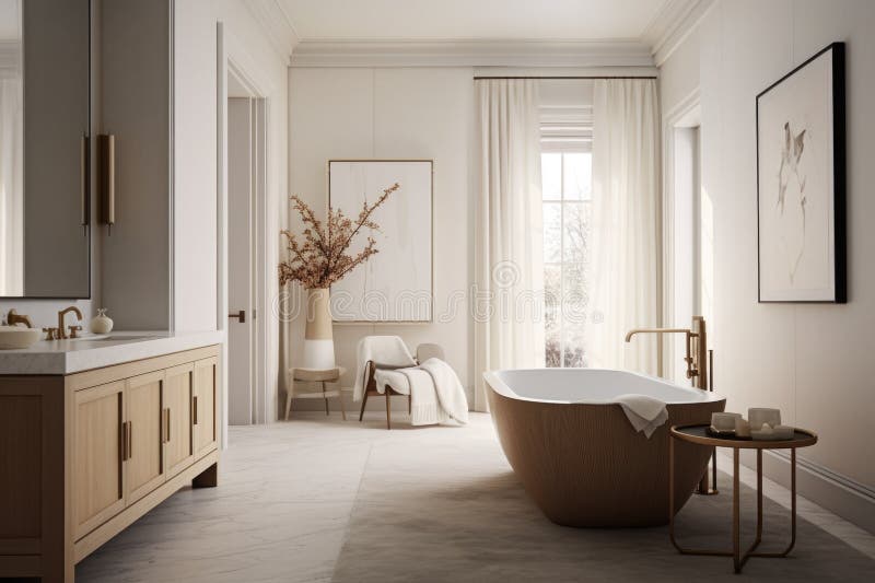 A Bathroom with a Standalone, Rectangular Bathtub and Plain Vanity ...