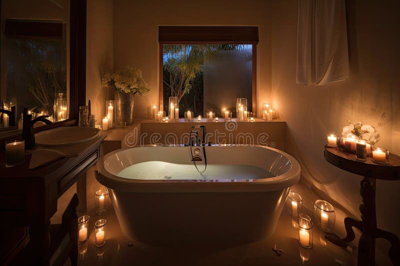 Bathroom With Steamy Bubble Bath And Candles For Peaceful And Relaxing Escape Stock