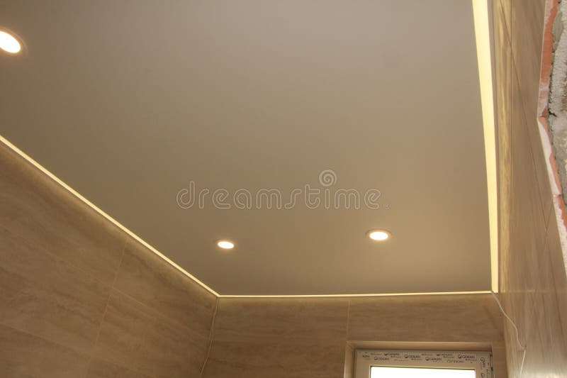 Bathroom Stretch Ceiling with Led Strip and Recessed Lighting Stock ...