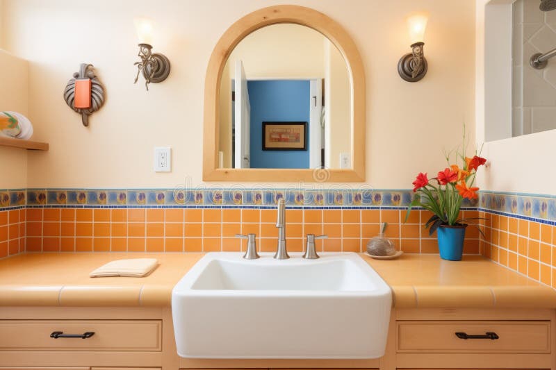 Bathroom with Terracotta Sink and Spanish Tile Accents Stock Image ...