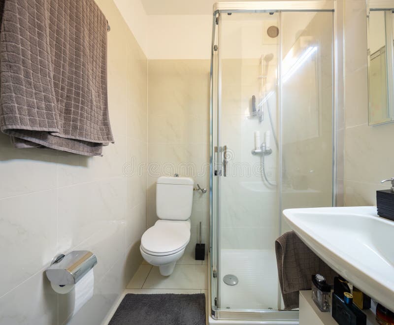 Bathroom with Tile, Sink and Shower Stock Image - Image of house ...