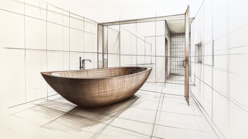 Bathroom with Tub Plan Sketch 3D Drawing Stock Illustration ...
