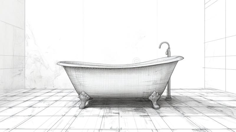 Bathroom with Tub Plan Sketch 3D Drawing Stock Illustration ...