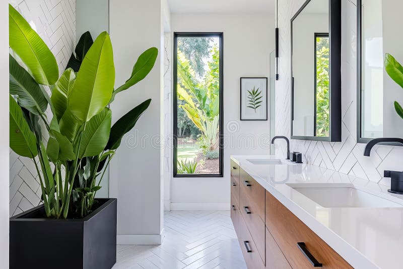 A Bathroom with Two Sinks and a Large Plant in a Pot Stock Photo ...