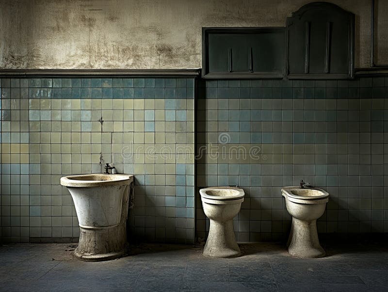 A Bathroom with Two Toilets and a Sink in it Stock Image - Image of ...