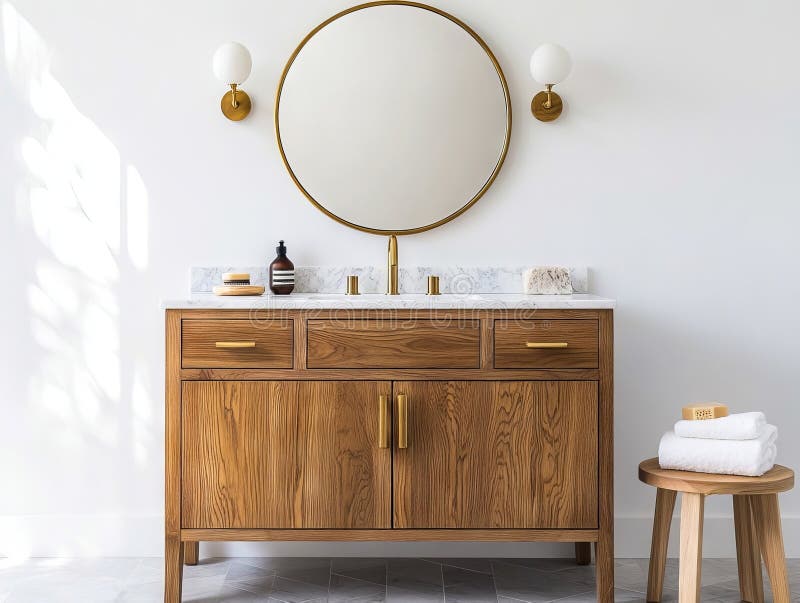 A Bathroom Vanity with a Round Mirror Above it Stock Photo - Image of ...