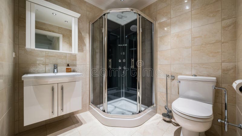 A Bathroom with a Walk in Shower and Toilet Next To it, AI Stock Photo ...