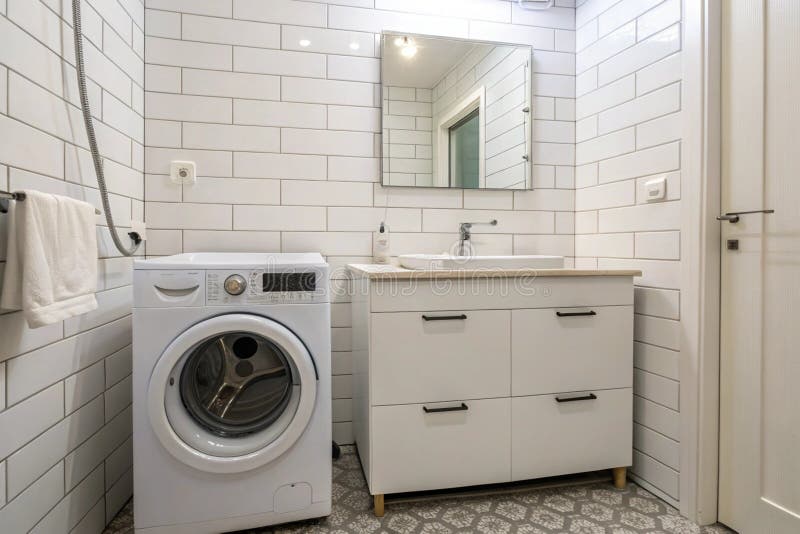 Washing Machine and Bathroom Cabinet Sink Mirror Style Stock ...