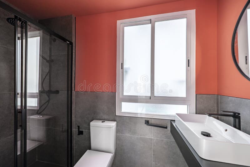 Bathroom with White Resin Vanity Unit and Sink, Frameless Rectangular ...