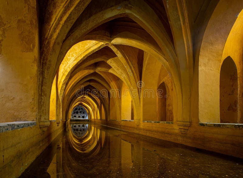 Baths of Dona Maria De Padilla Under the Lights in Seville, Spain Stock ...