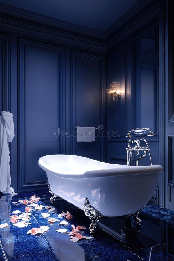 Bathtub in Blue Bathroom with Petals Stock Image - Image of interior ...