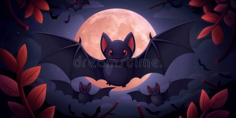 Bats Fly Against a Backdrop of a Full Moon and Red Leaves Stock Photo ...