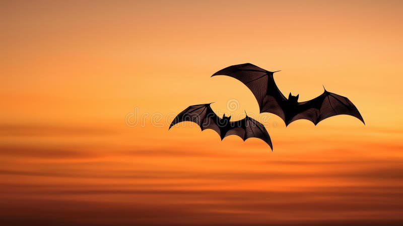Bats Flying Across a Dramatic Sunset Sky Silhouetted Against Orange ...
