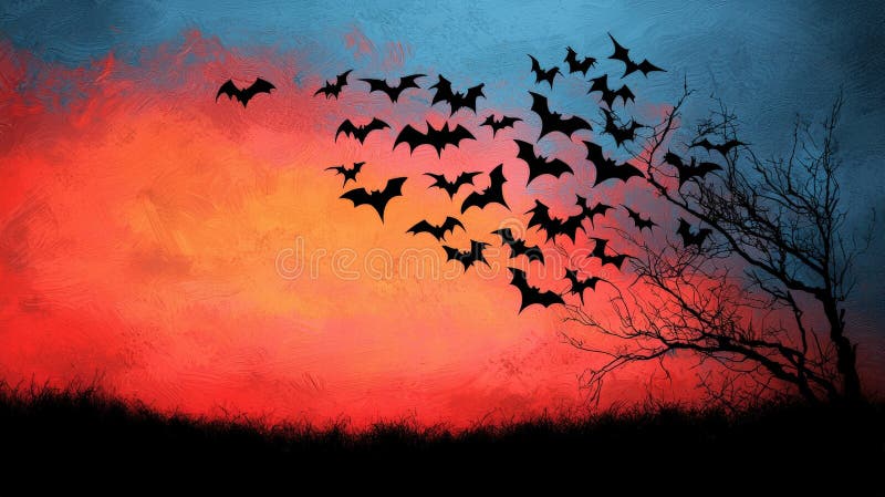 Bats Flying Against a Colorful Sunset Sky with Silhouetted Trees Stock ...