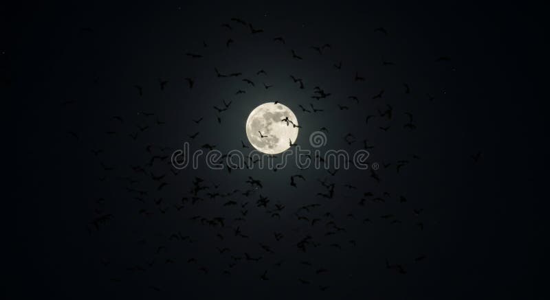 Bats Flying Around Full Moon at Night Stock Illustration - Illustration of mystical, serene ...