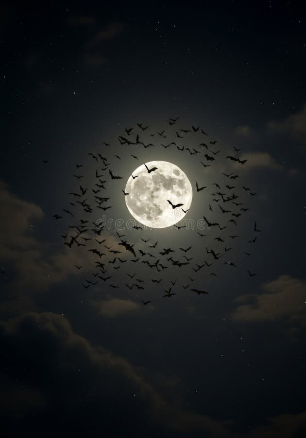 Bats Flying Around Full Moon in Night Sky Stock Illustration - Illustration of night, artwork ...