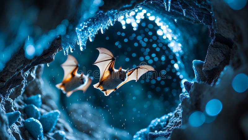 Two Bats Flying in a Mystical Blue Cave at Night Stock Illustration ...