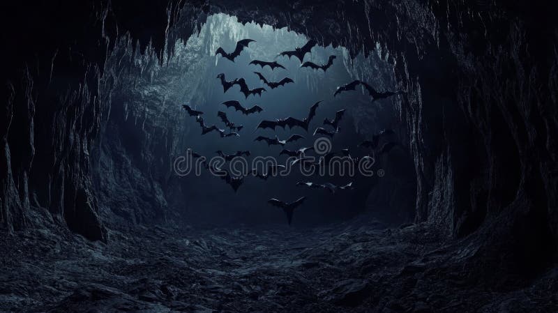 Bats Flying Out of a Cave at Night Stock Illustration - Illustration of ...