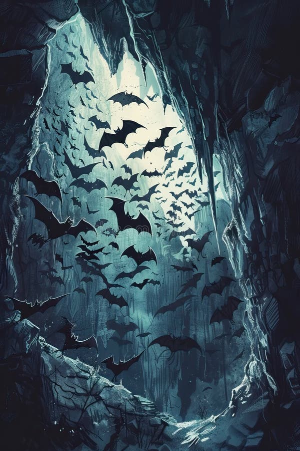 Bats Flying Out of Dark, Eerie Cave, Illuminated by Faint Light from ...