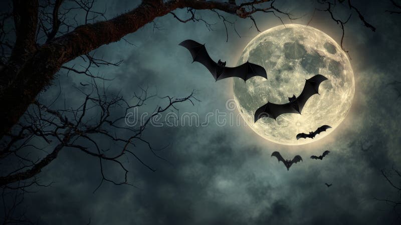 Bats Flying Over Full Moon Sky Stock Image - Image of creepy, generated ...