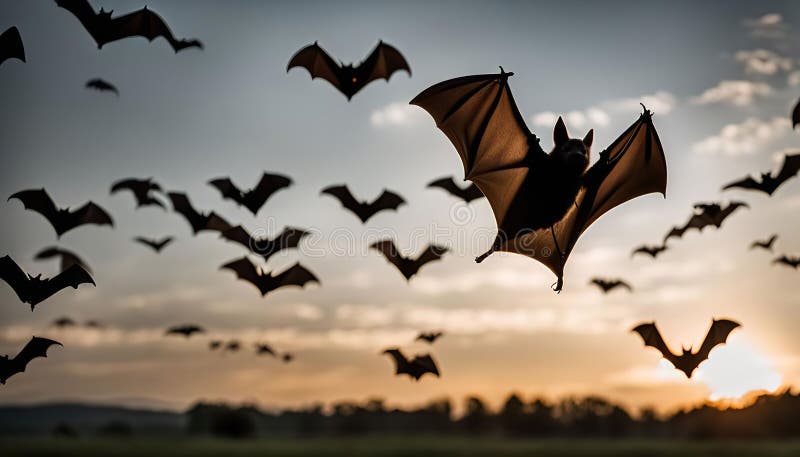 Bats Flying in the Sunset stock illustration. Illustration of gloaming ...