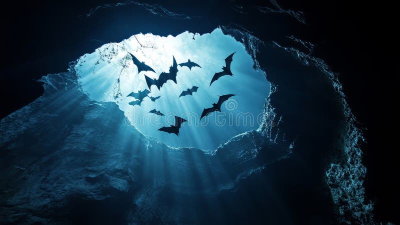 Bats Soaring through a Cave Opening with Sunlight Streaming in Stock ...