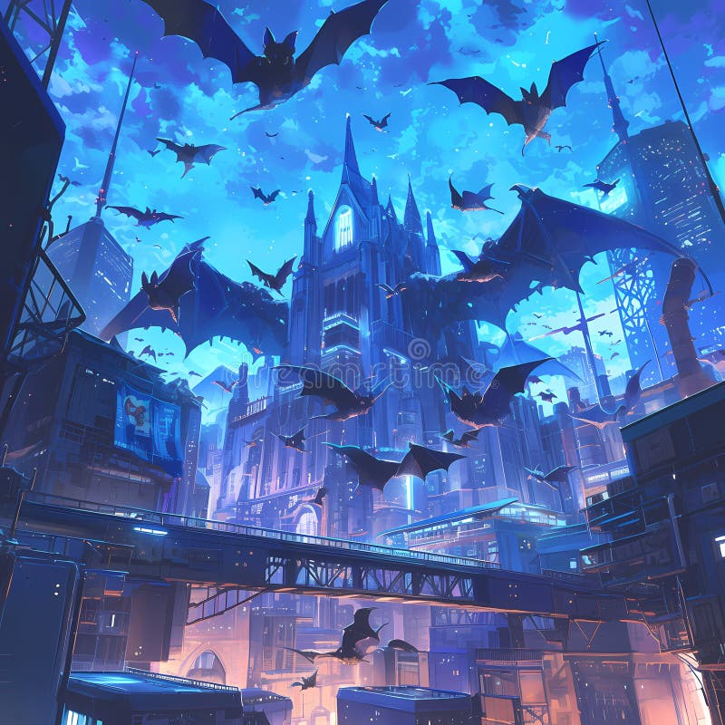 Bats Soaring Over Cyber Gothic Cityscape Stock Illustration ...