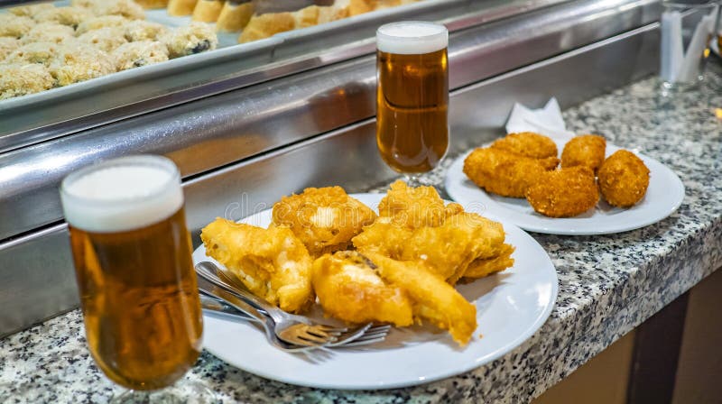Battered Cod, Spain stock image. Image of beer, glass - 382439775