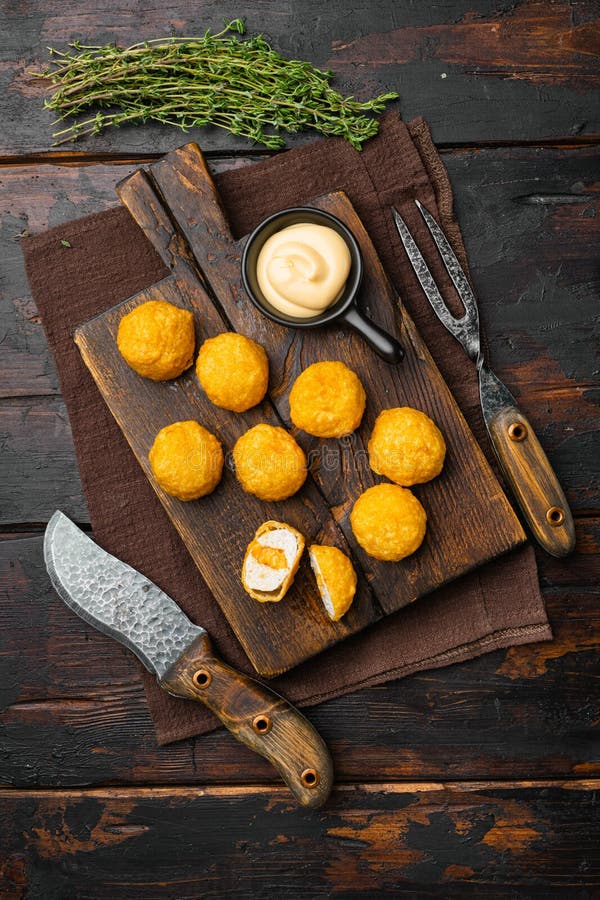 Battered Meatballs on Old Dark Wooden Table Background, Top View Flat ...