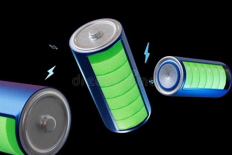 Batteries with Charging Level Scattered on a Black Background. 3D ...