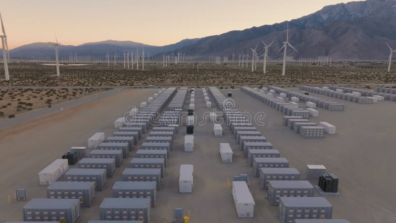 Battery Array Storing Power at Wind Turbine Facility Stock Footage ...