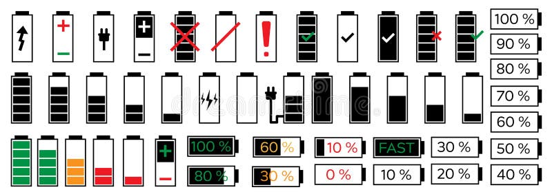 Battery Charge Indicator Icon Set. Full Low and Empty Charge Status ...