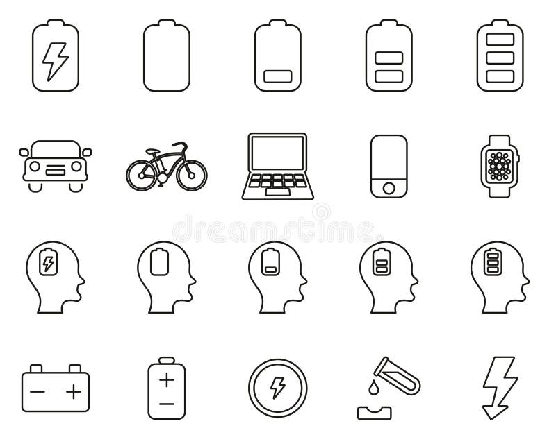 Battery or Electric Power Icons Black & White Flat Design Circle Set ...