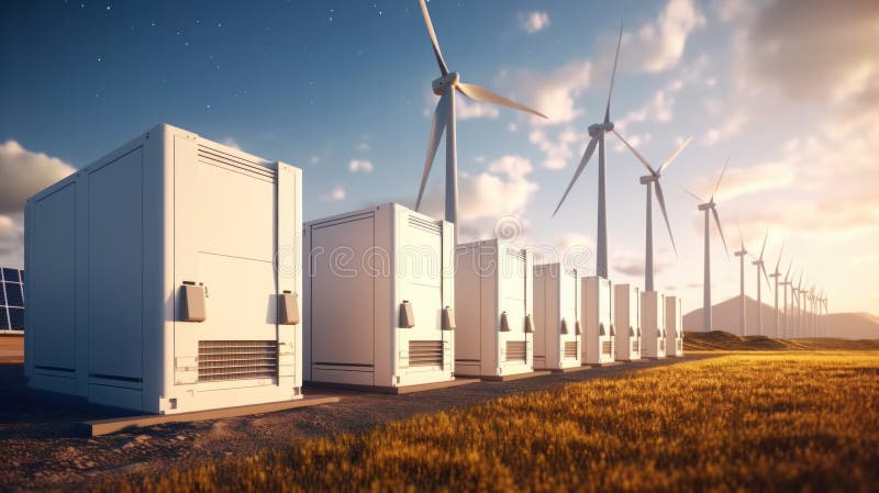 Battery Energy Storage System with Wind Turbines and Solar Stock Photo ...