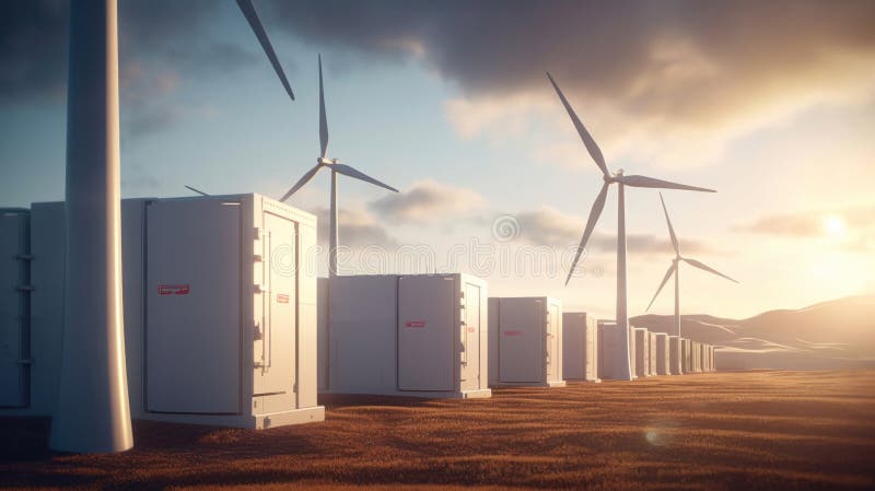 Battery Energy Storage System with Wind Turbines and Solar Stock Image ...