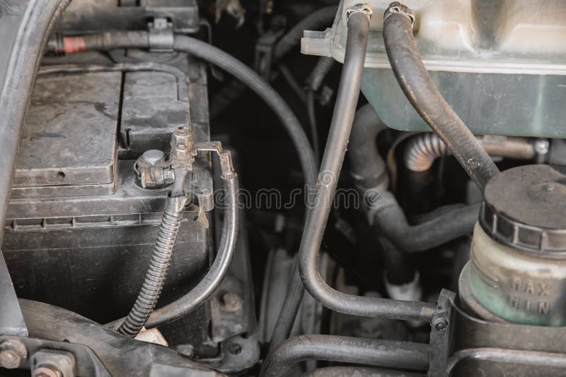 Battery and Engine Parts of a Car Stock Photo - Image of auto, black ...