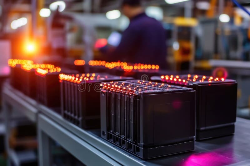 Battery Factory Production Line with Worker in Background and ...