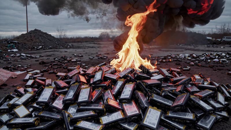 Flames Engulf a Large Pile of Batteries, Creating Thick Black Smoke and ...