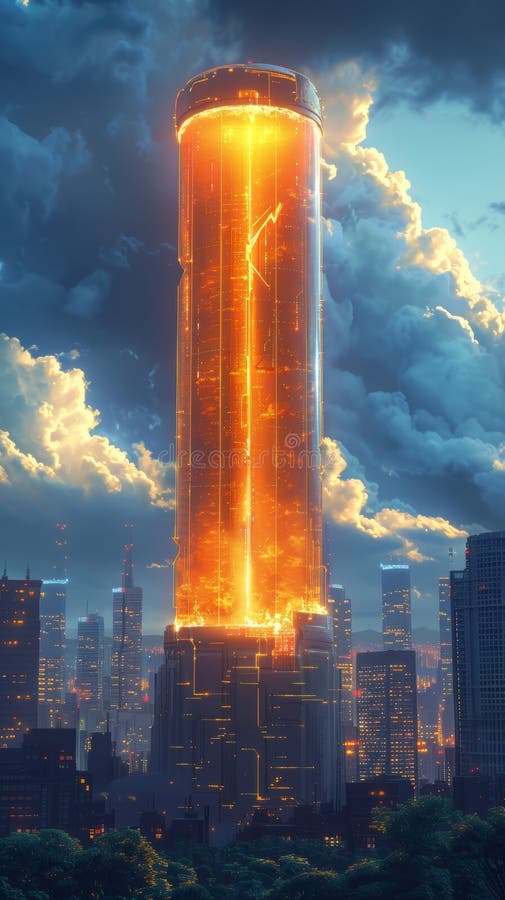 Battery, Futuristic Glowing Tower Dominates a City Skyline at Dusk ...